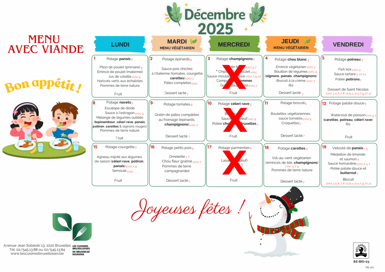 Menu du mois de décembre – La retraite du Sacré-Cœur